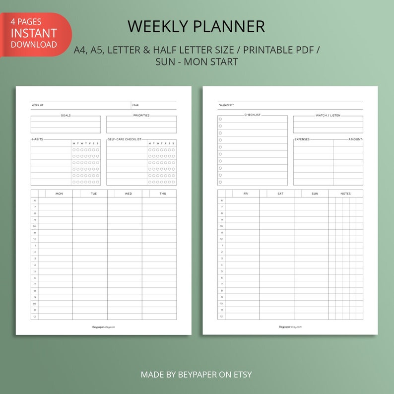 Printable Weekly Planner Weekly Schedule Weekly Organizer - Etsy