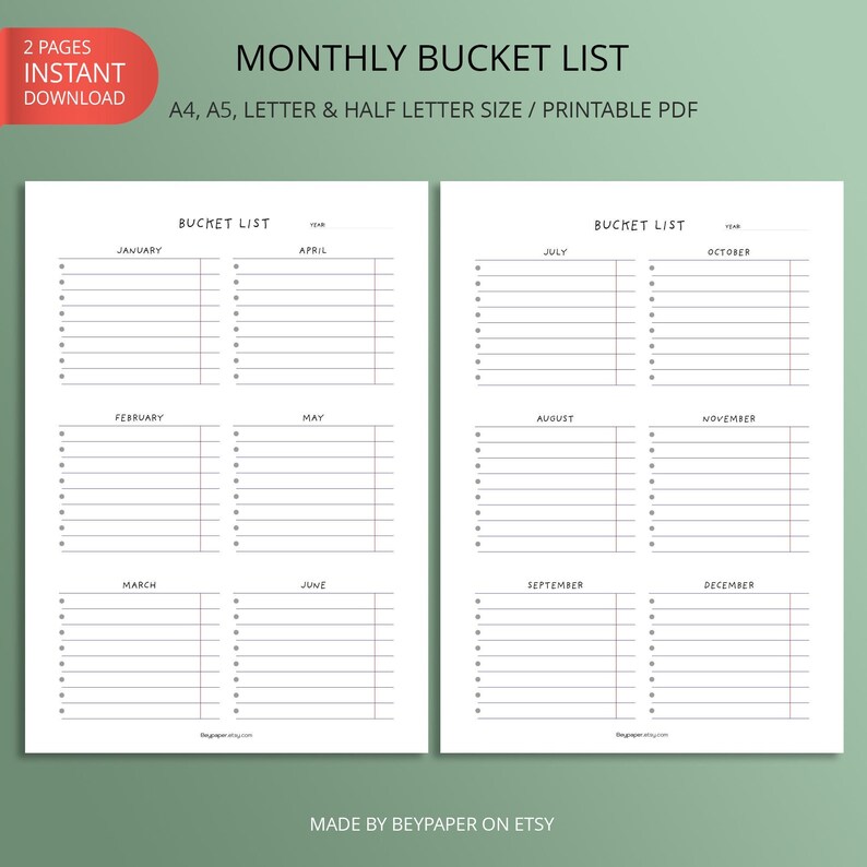 Printable Monthly Bucket List Life Goals Planner Planner - Etsy
