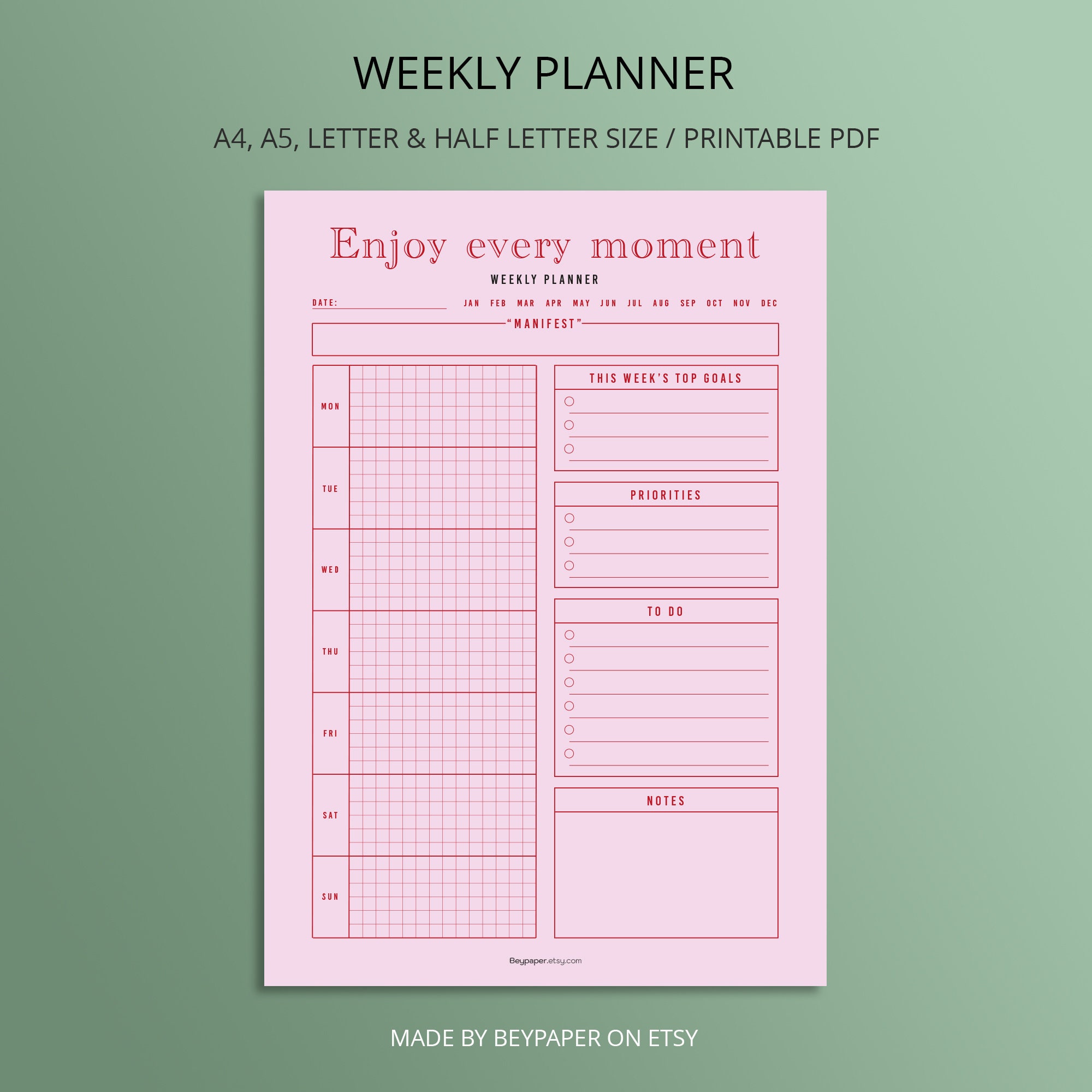 Daily, Weekly, Monthly Pink Planner Planner Set Printable & Instant ...