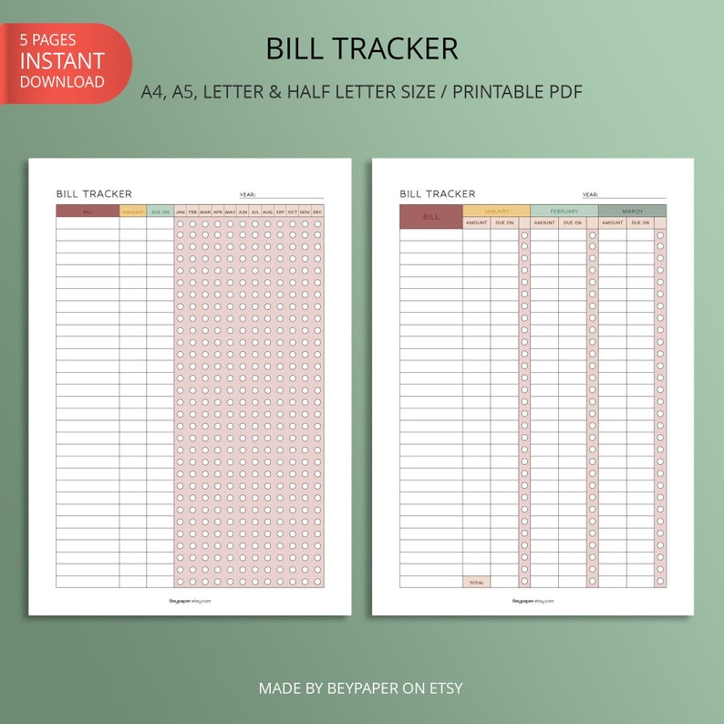 Printable Yearly Bill Payment Tracker Yearly Bill Payment Checklist ...