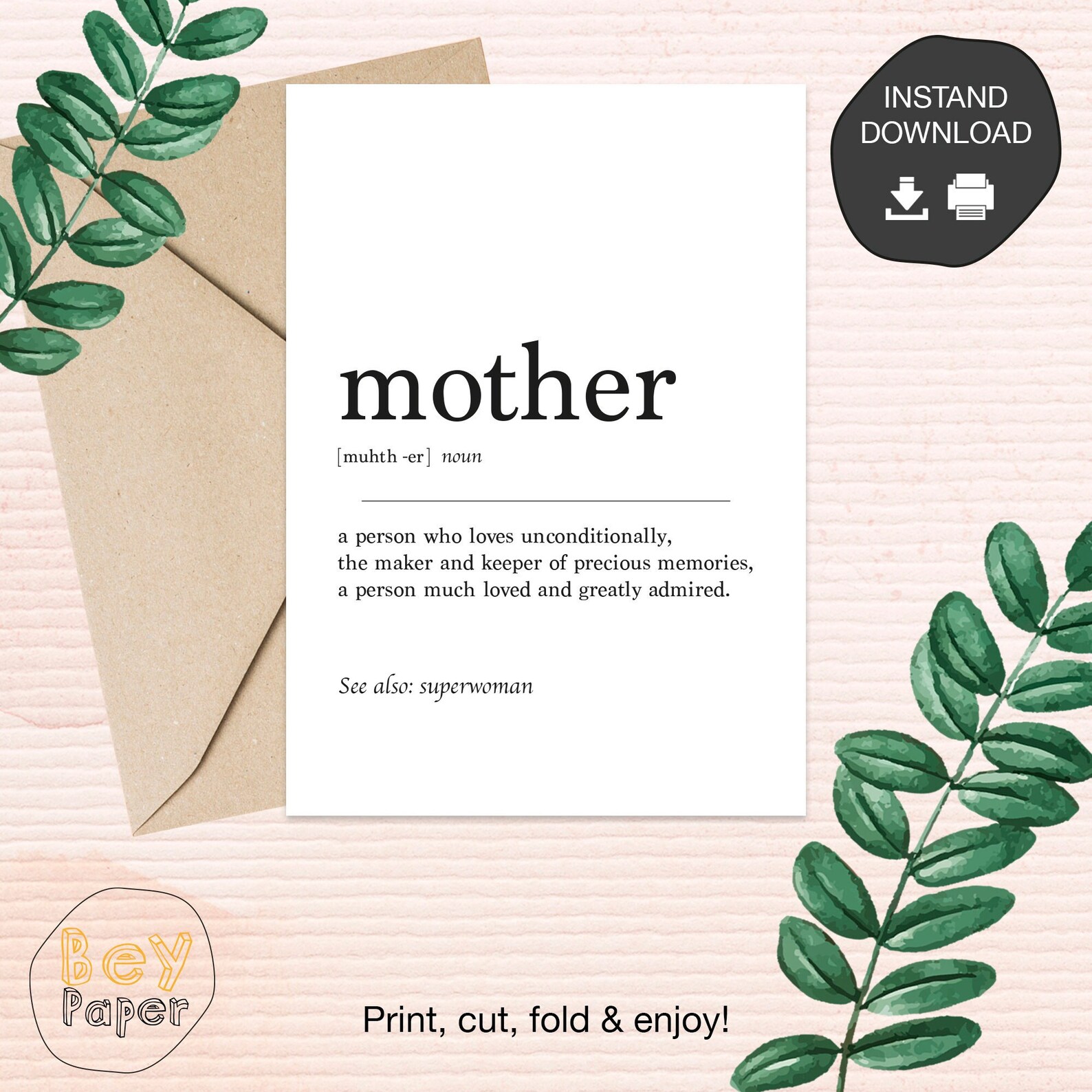 Printable Mother's Day Card Instant Download Greeting Card Digital ...