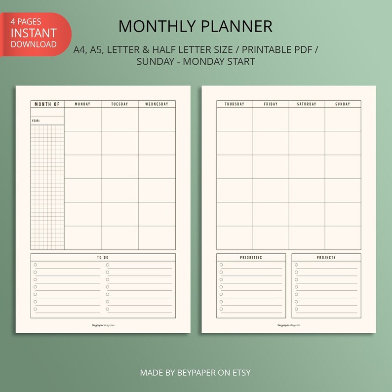 Printable Monthly Planner | Undated Calendar, Monthly Organizer, Agenda ...