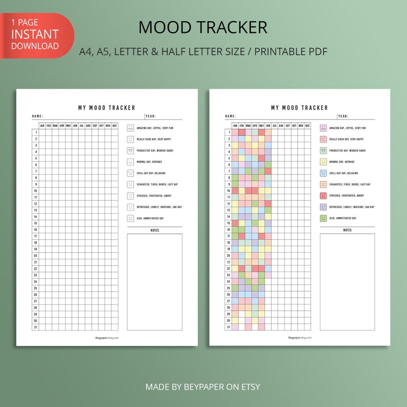Printable Mood Tracker | Yearly Monthly Mood Planner, Mental Health ...