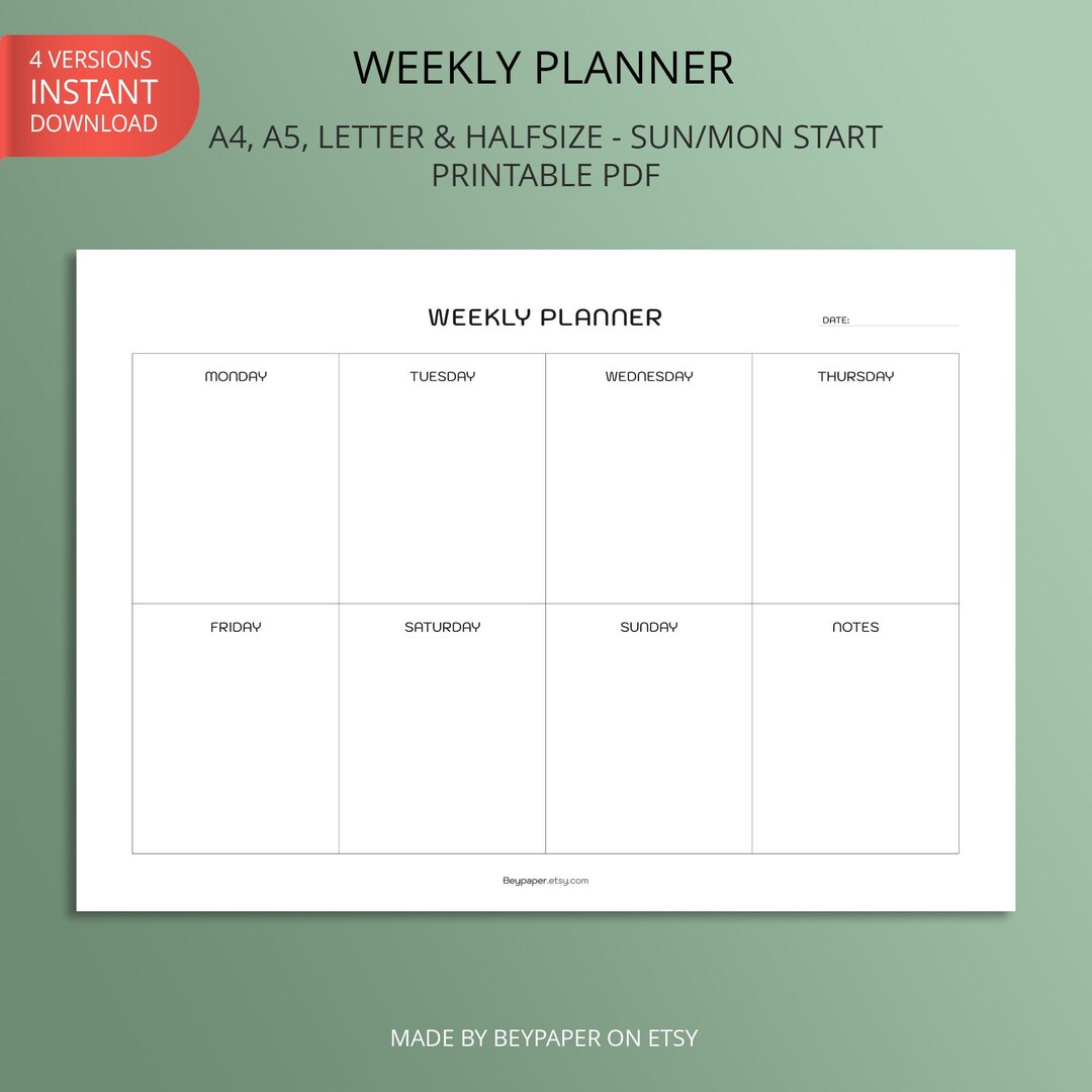 Printable Weekly Planner Landscape | Minimal Weekly Schedule | 4 ...