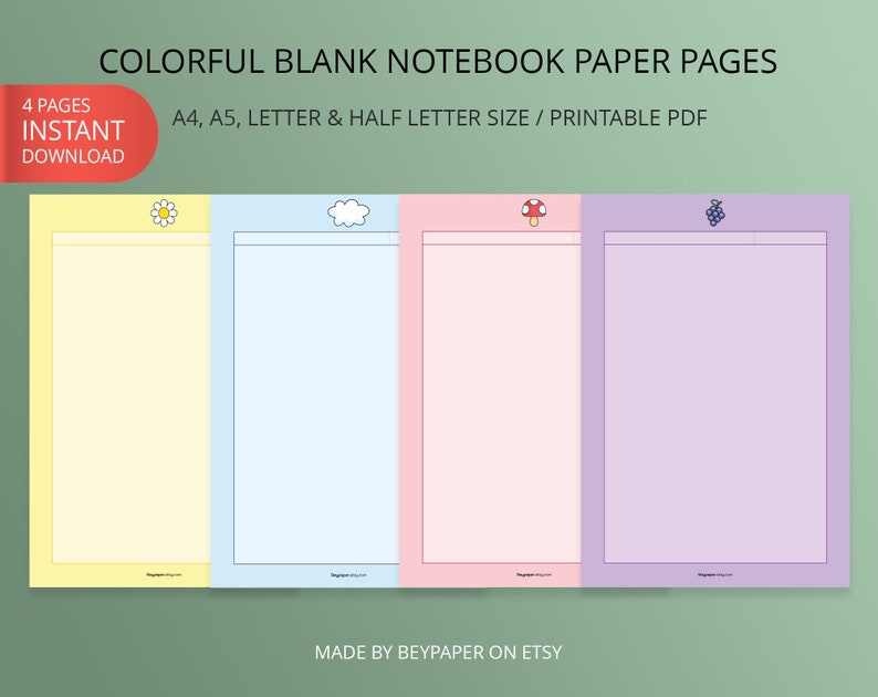 Printable Notebook Paper Pages | Colorful Blanked Paper, 4 Versions ...