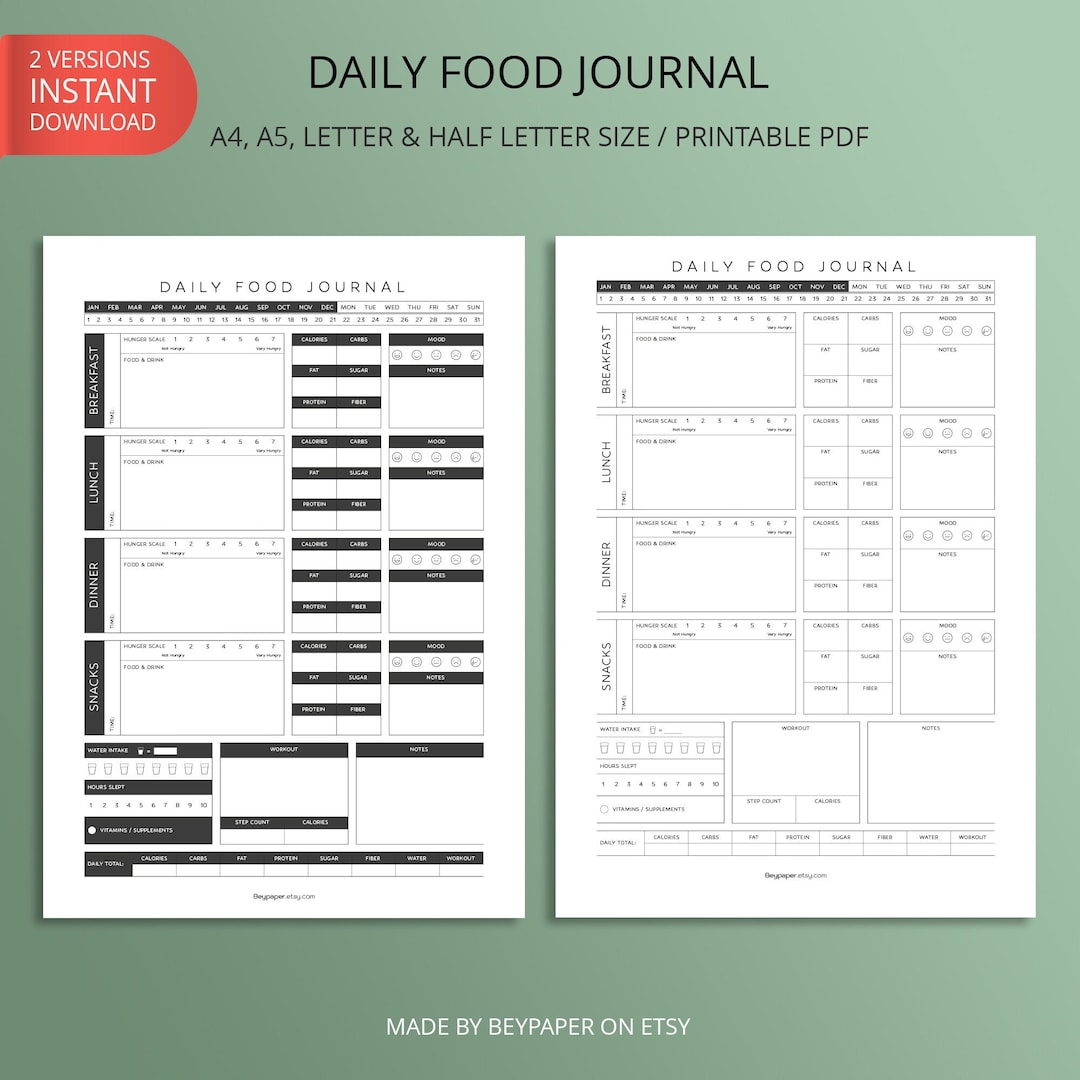 Printable Daily Food Journal | 2 Version Meal Planner | Food Diary ...