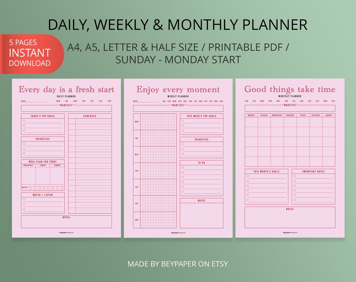 Daily, Weekly, Monthly Pink Planner Planner Set Printable & Instant ...