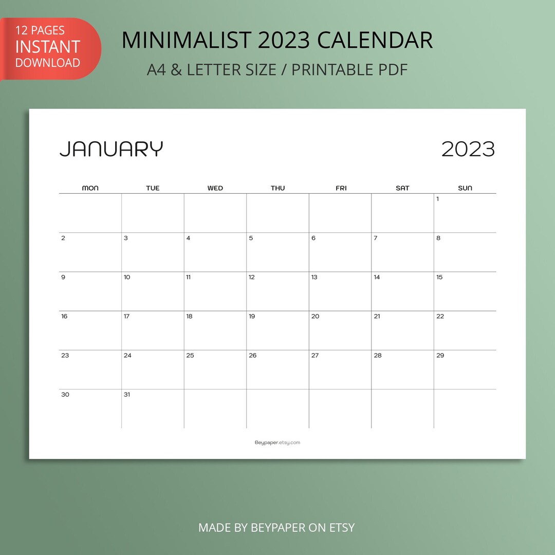 Printable 2023 Calendar Monthly Planner, Minimalist Calendar 2023 ...