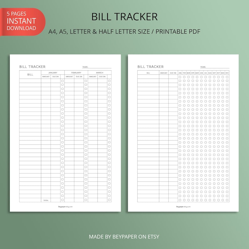 Printable Yearly Bill Payment Tracker | Yearly Bill Payment Checklist ...