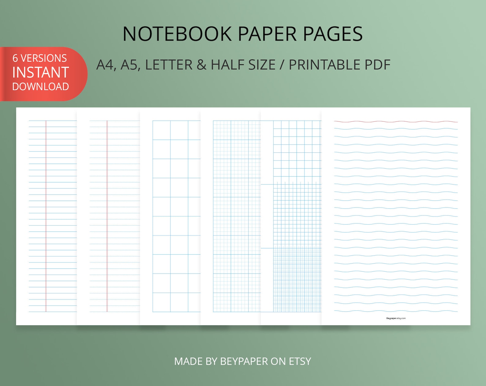 Printable Notebook Paper Pages | Lined & Graph Paper Bundle, 6 Versions ...
