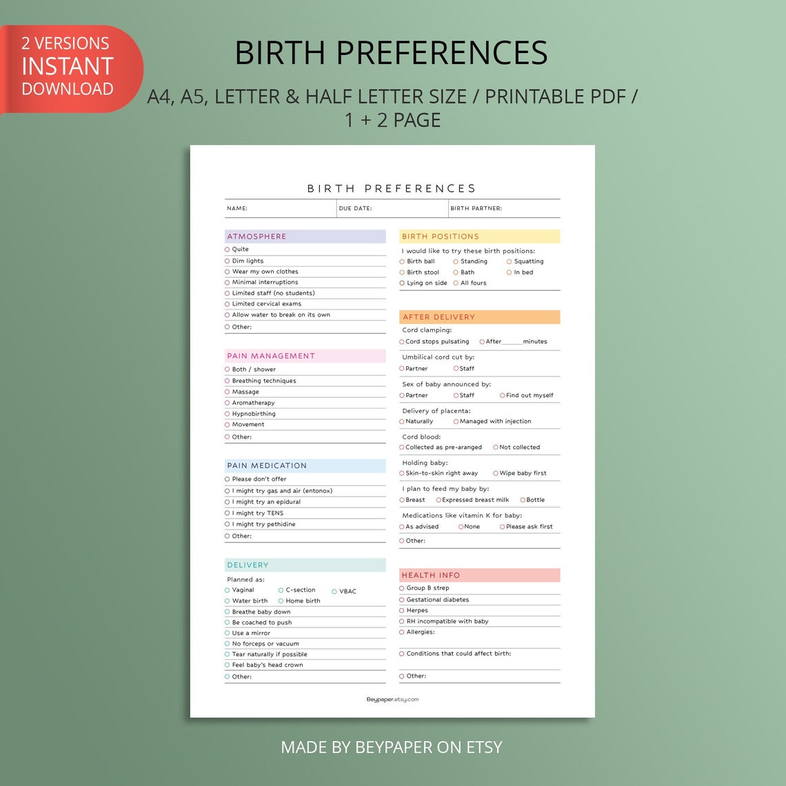 Printable Birth Preferences Template | Birth Plan, Birthing Plan ...