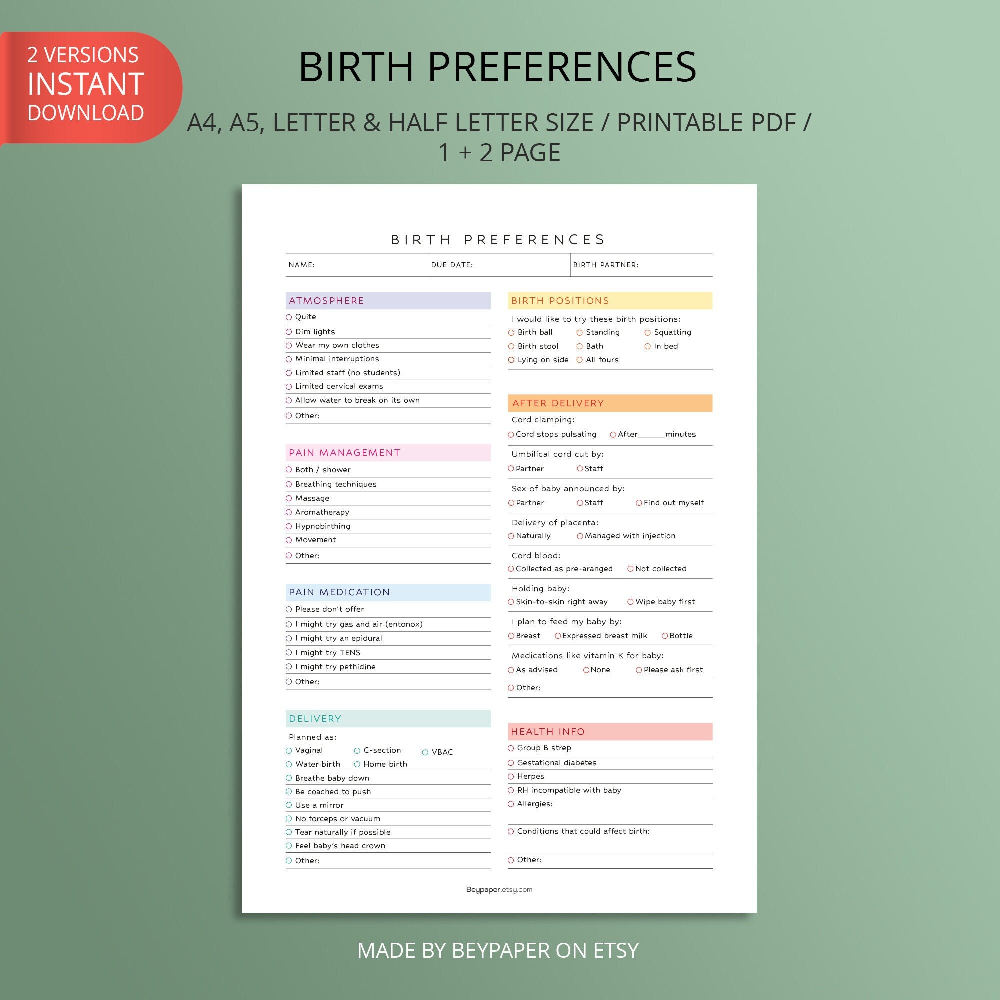 Printable Birth Preferences Template | Birth Plan, Birthing Plan ...