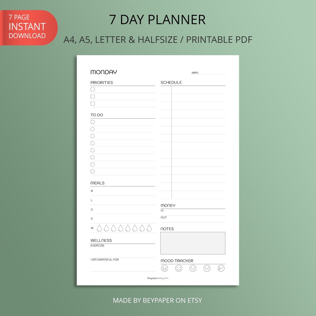 Printable 7 Day Planner | Undated Daily Schedule, To-do List, Personal ...