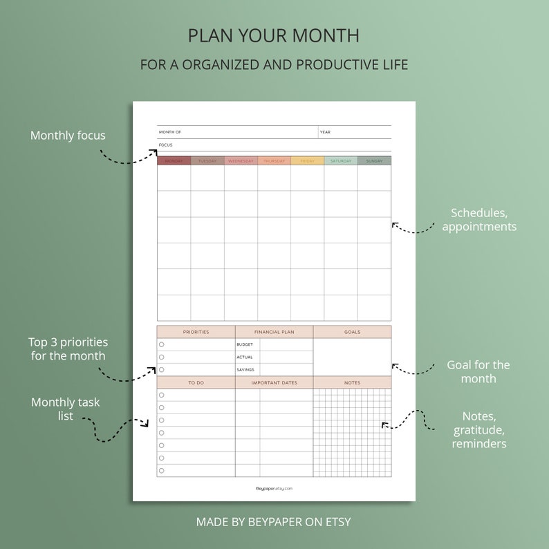 Printable Monthly Planner Monthly Agenda ,productivity Planner, Office ...