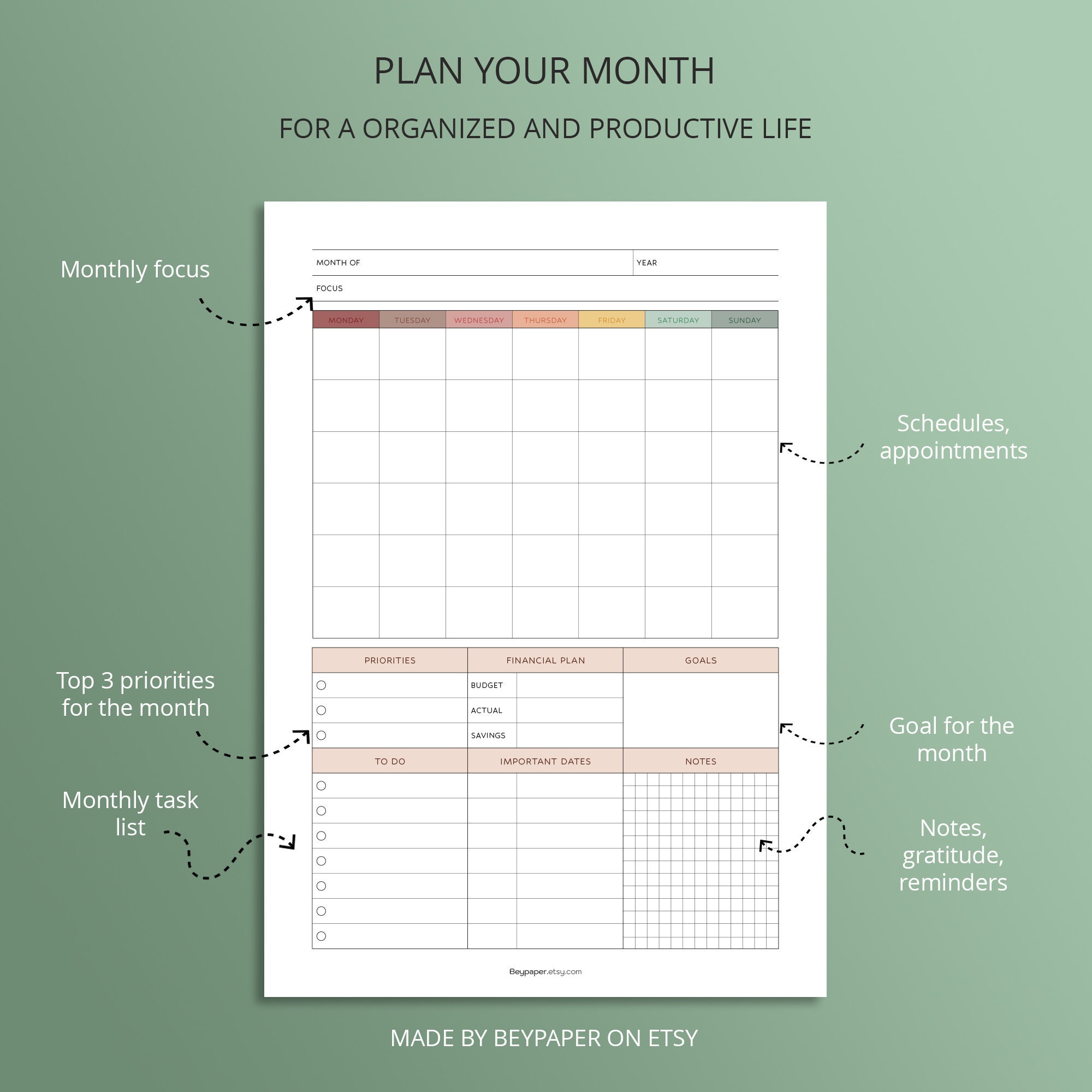 Printable Monthly Planner Monthly Agenda ,productivity Planner, Office ...