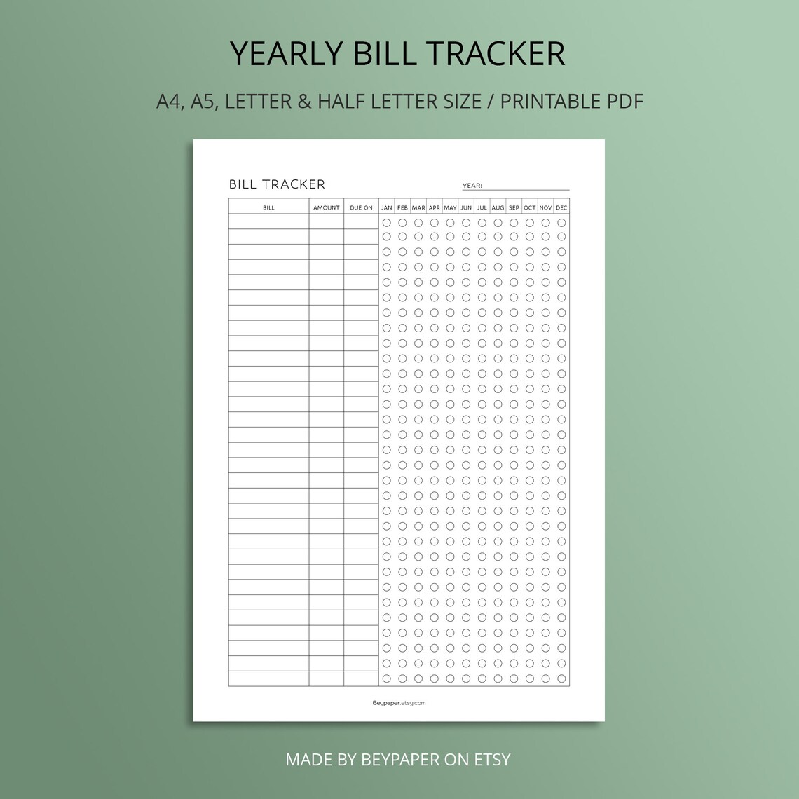 Printable Yearly Bill Payment Tracker Yearly Bill Payment Checklist ...