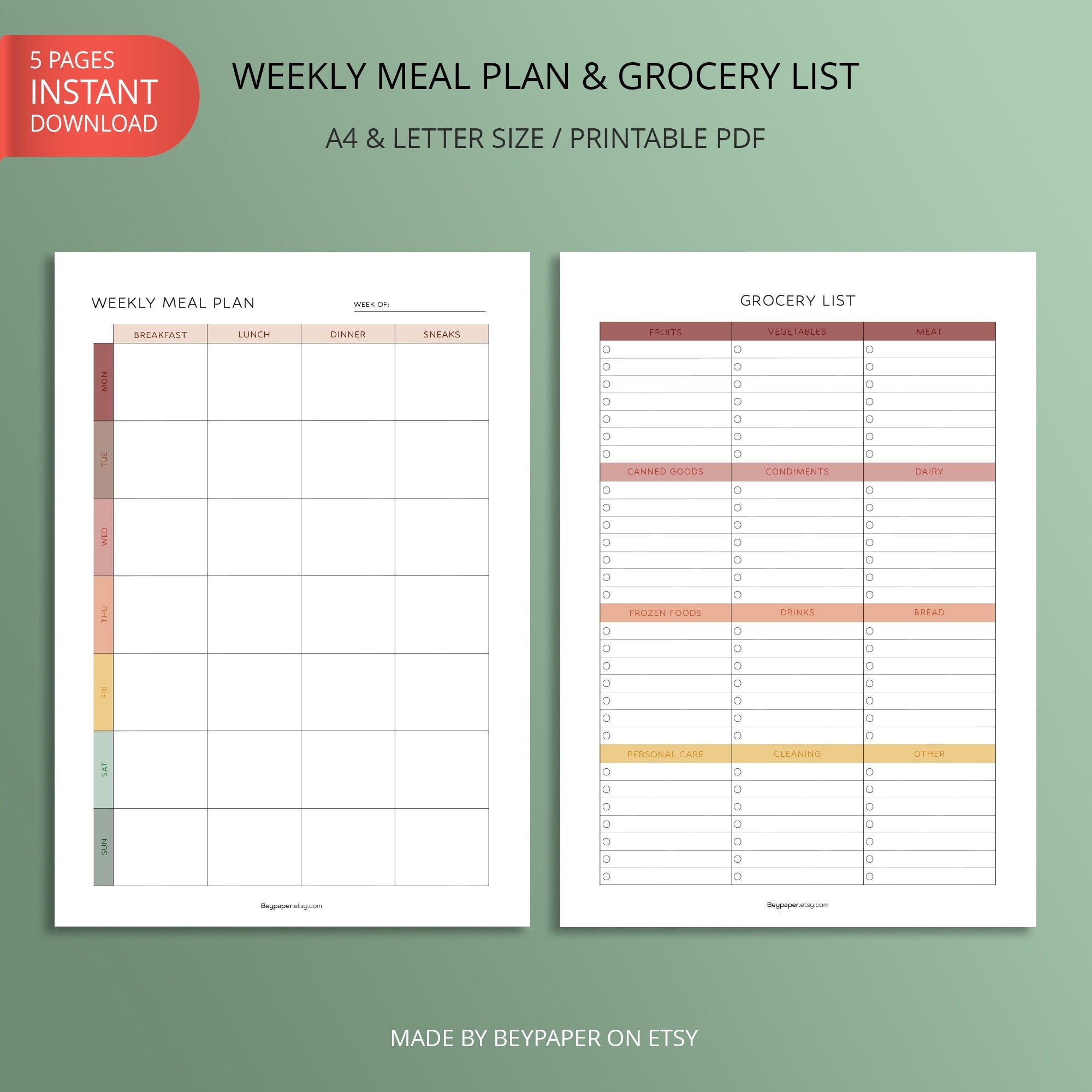 Printable Weekly Meal Planner & Grocery List 3 Version Meal Tracker ...