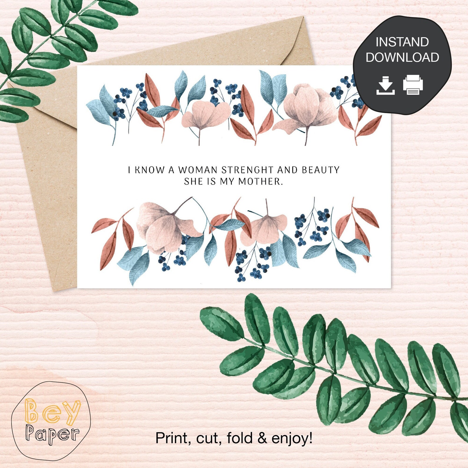 Printable Mother's Day Card Floral Card Template Instant Download ...