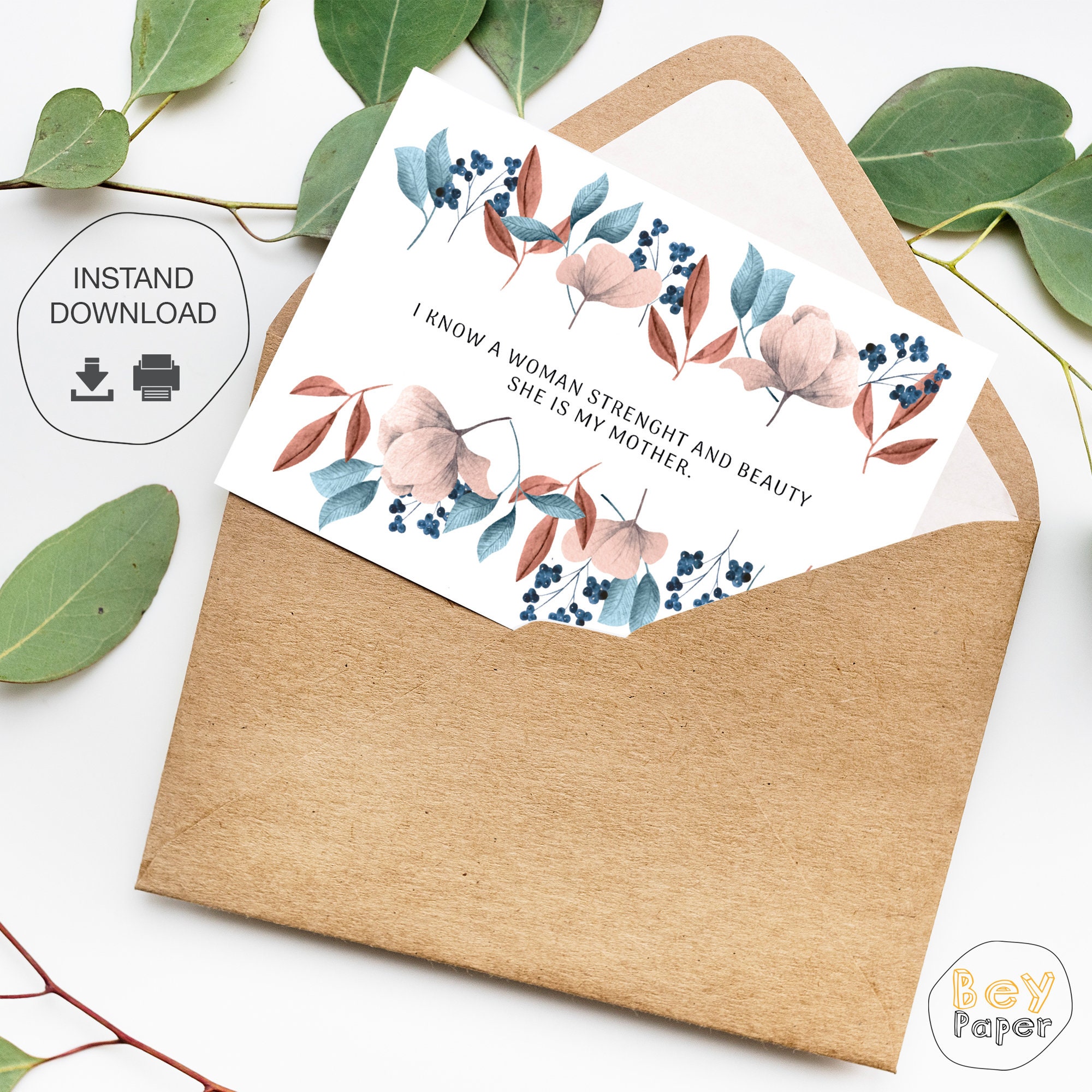 Printable Mother's Day Card Floral Card Template Instant Download ...