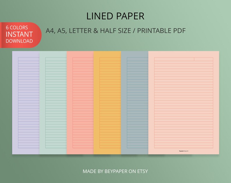 Printable Note Paper | 6 Different Colors of Lined Papers, Lined Sheets ...