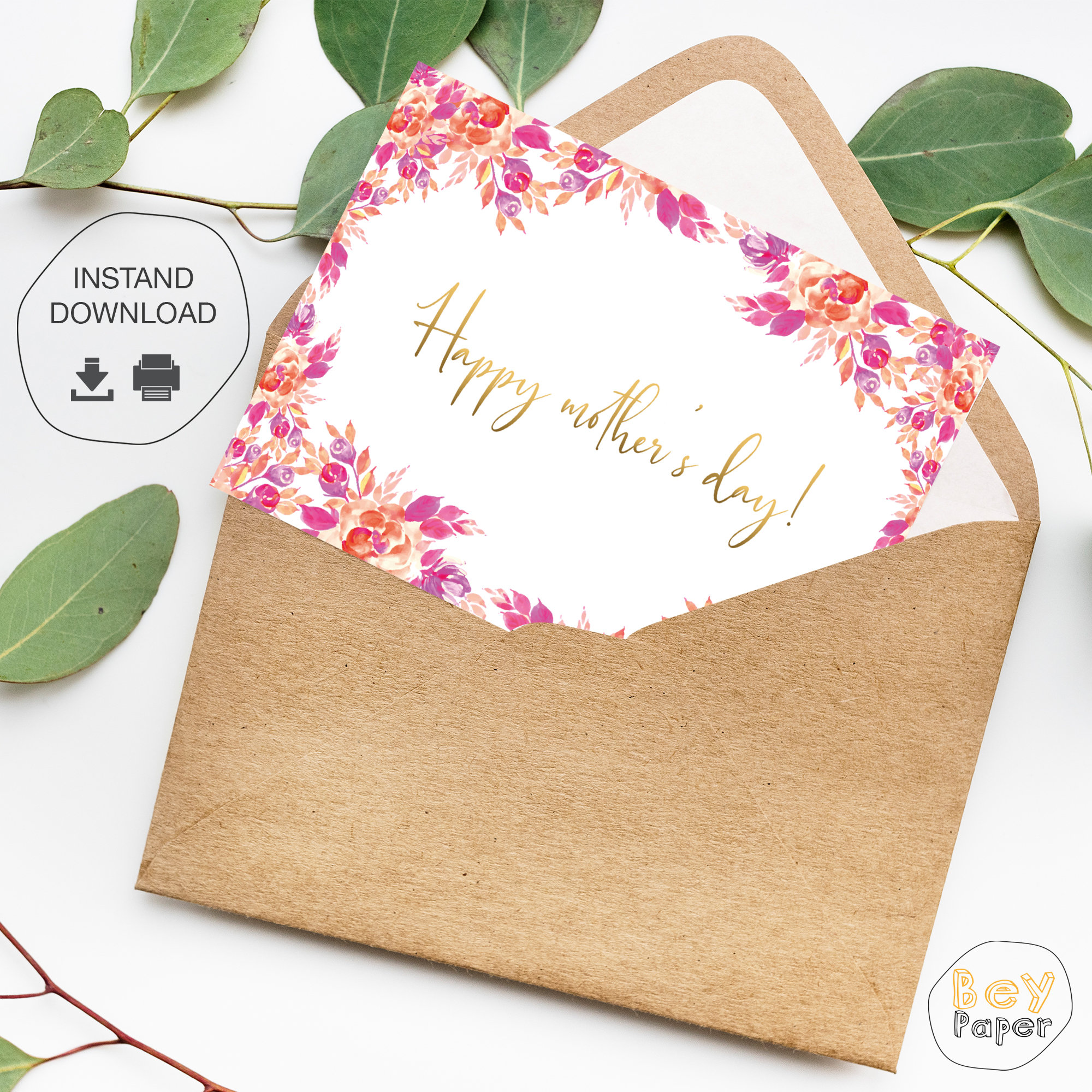 Printable Mother's Day Card floral Card Template Instant Download ...