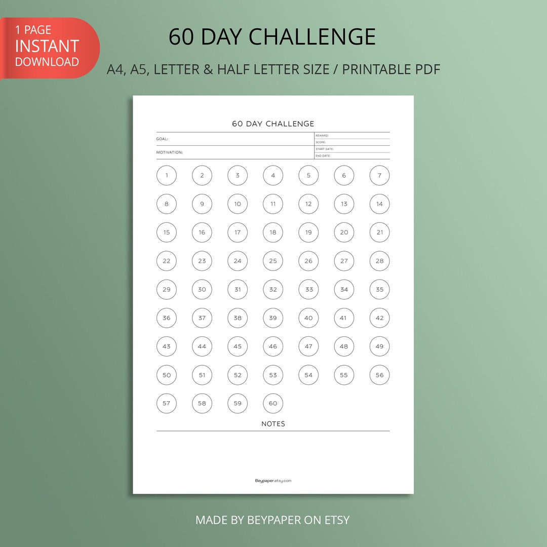Printable 60 Day Challenge Goal Setting, Progress Tracker, Habit ...