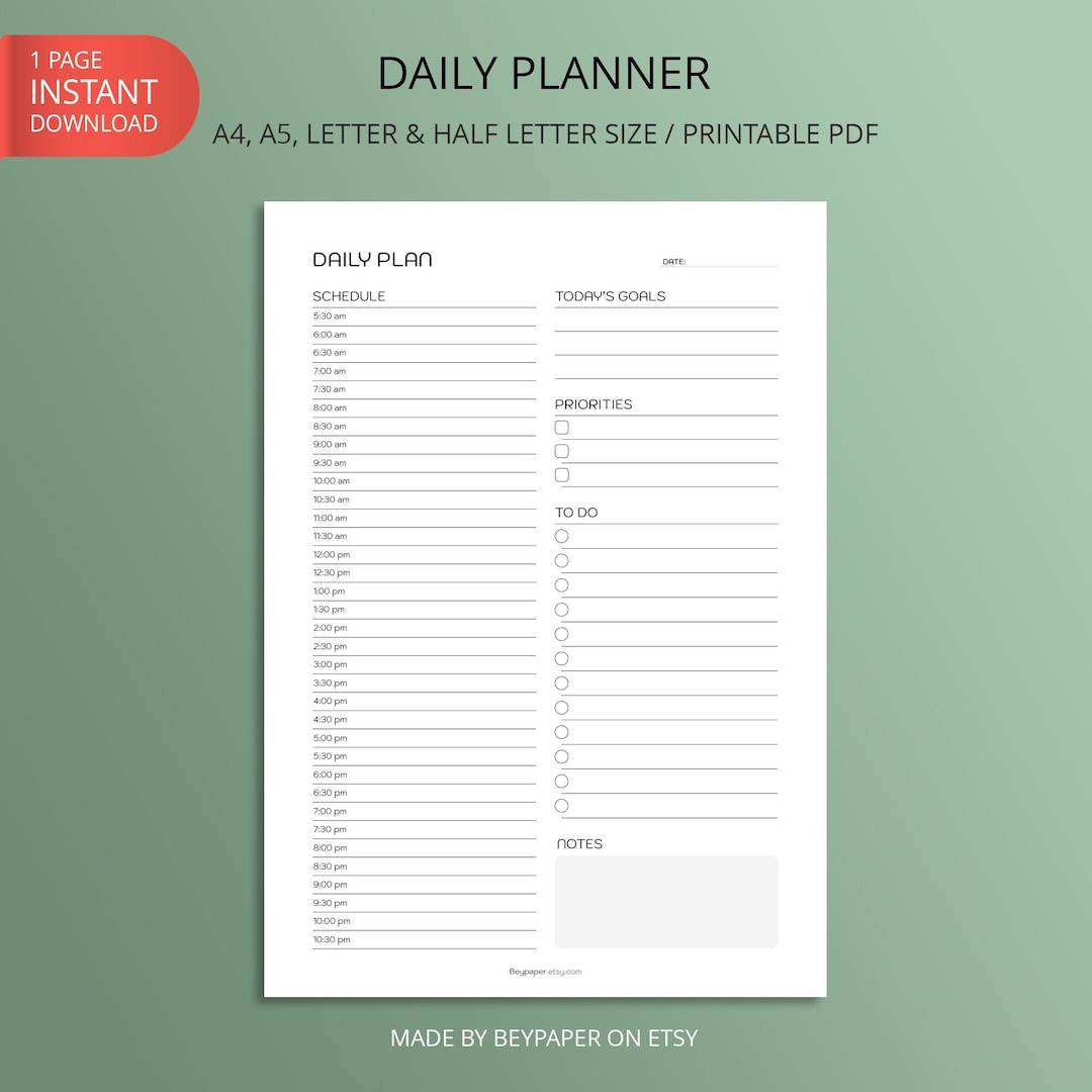 Printable Daily Half Hour Planner Undated Daily Schedule, To-do List ...