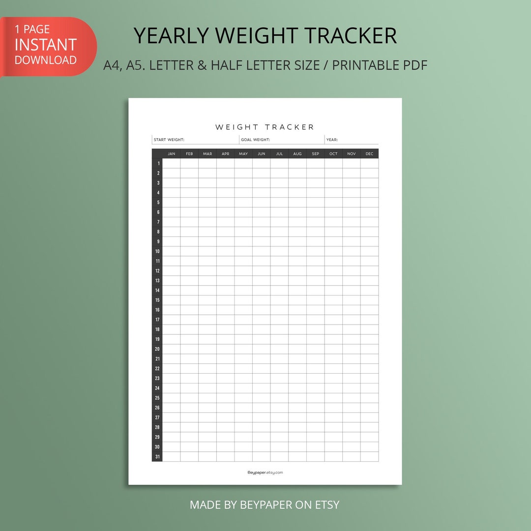 Printable Yearly Weight Tracker | 365 Day Weight Loss Tracker, Daily ...