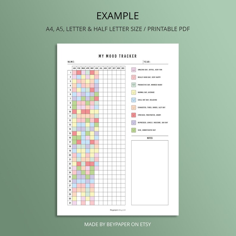 Printable Mood Tracker | Yearly Monthly Mood Planner, Mental Health ...