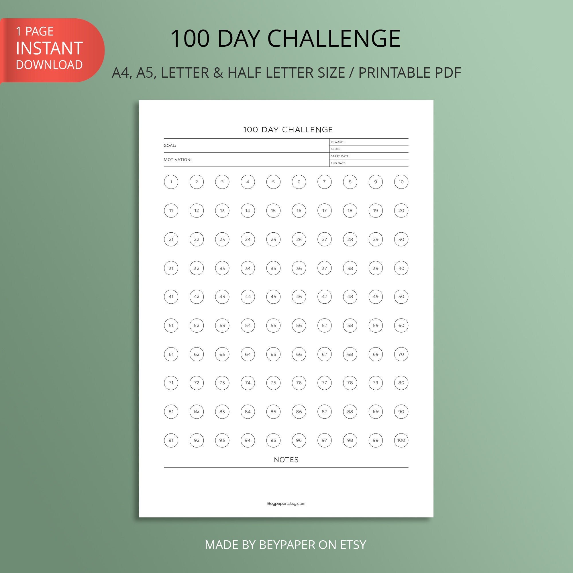 Printable 100 Day Challenge Goal Setting, Progress Tracker, Habit ...