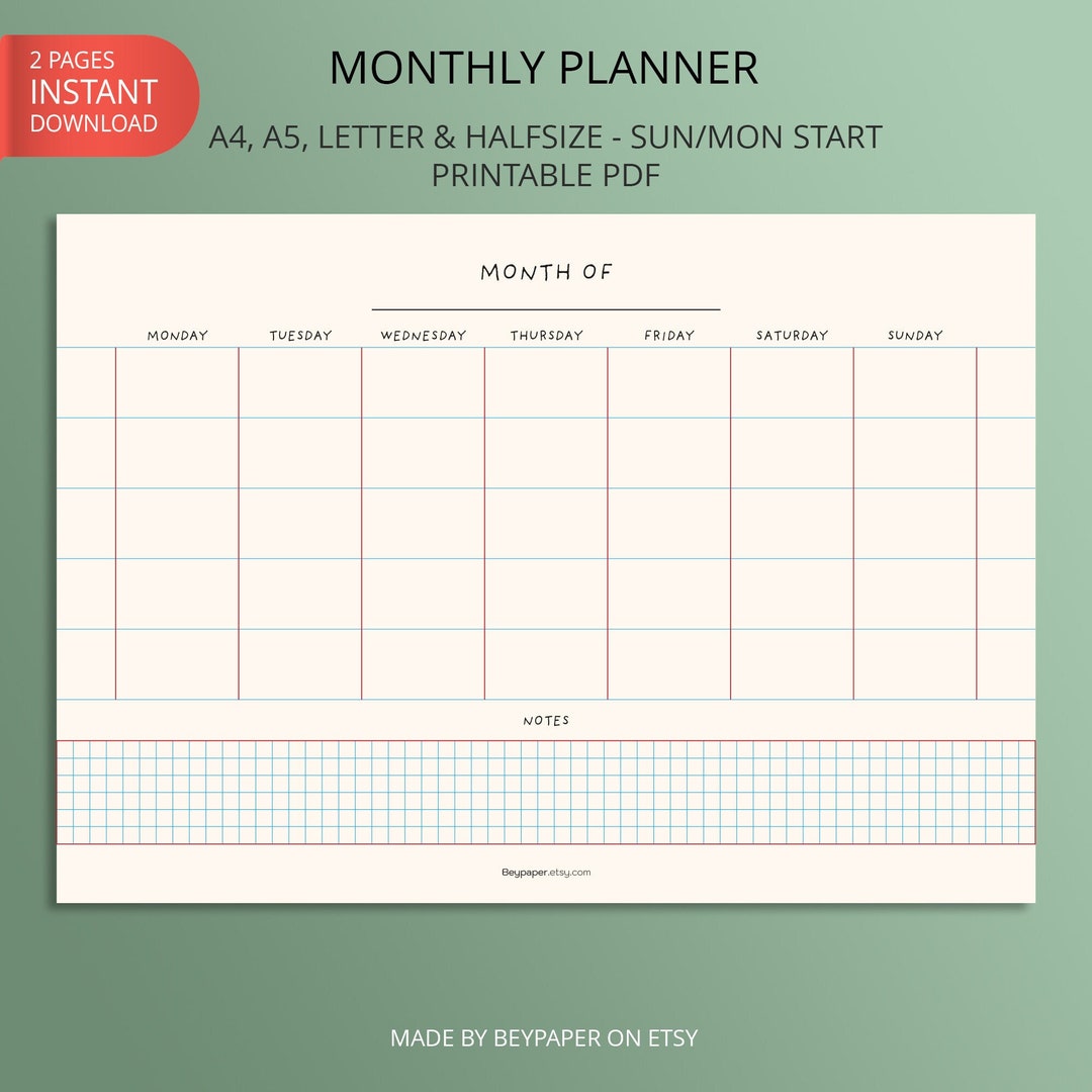 Printable Monthly Planner | Undated Calendar, Monthly Organizer, Agenda ...