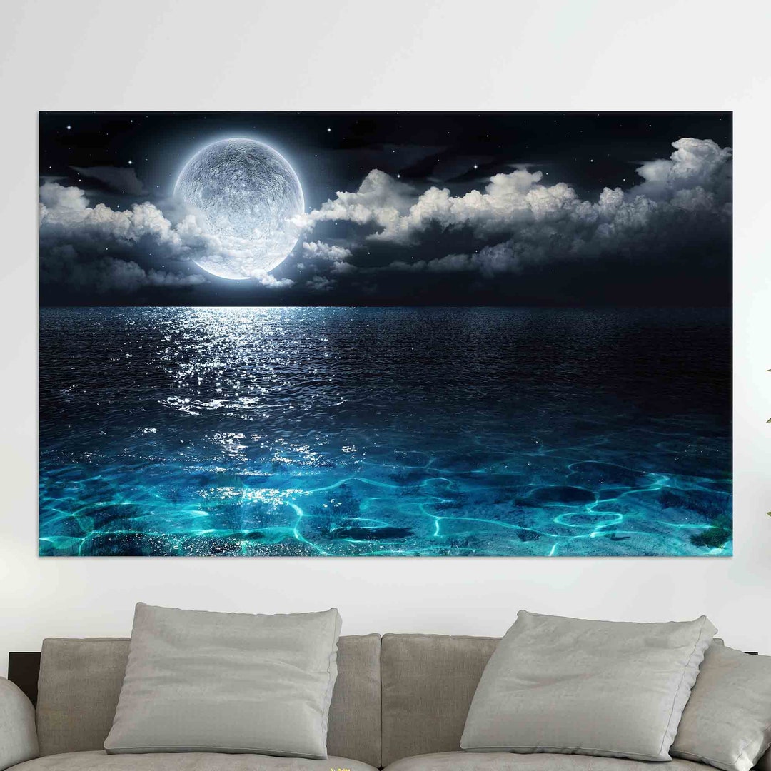Landscape Art Wall Decor, Moon Over the Sea Canvas Gift, Moon Glass ...