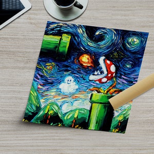 Mario Starry Night Canvas, Mario Bros Glass Art, Mario World Home Decor ...