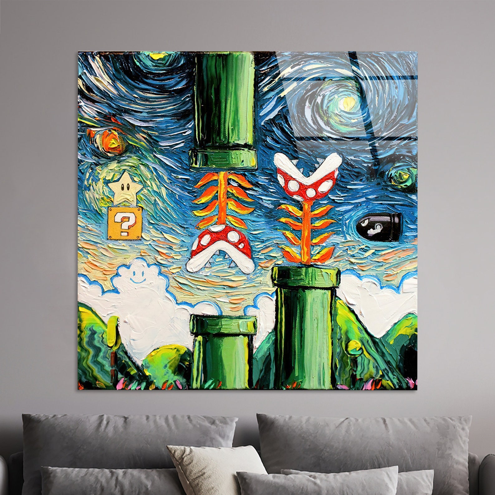 Mario World Gift, Starry Night Glass Art, Super Mario Wall Decor, Van ...