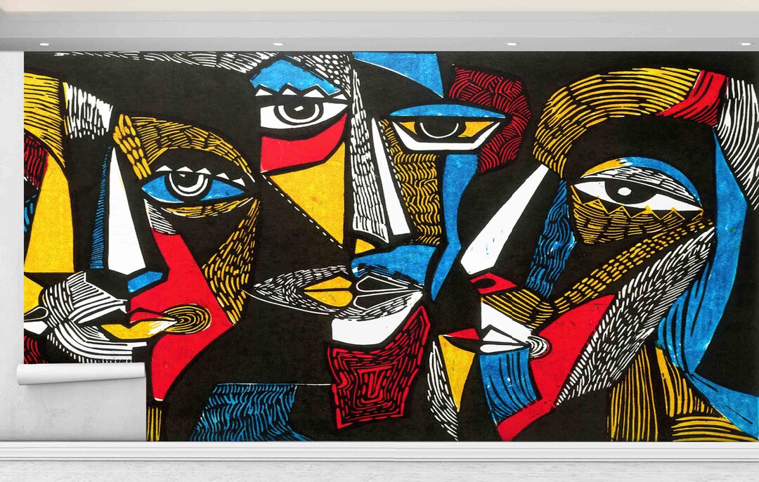 Art Deco Stick on Wallpaper: Surreal Faces, Abstract Wall Art - Etsy