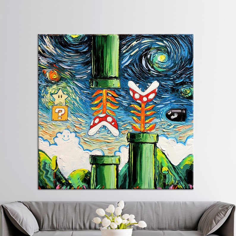 Mario World Gift Starry Night Glass Art Super Mario Wall - Etsy