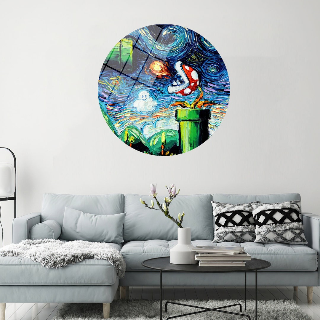 Mario Starry Night Canvas, Mario Bros Glass Art, Mario World Home Decor ...