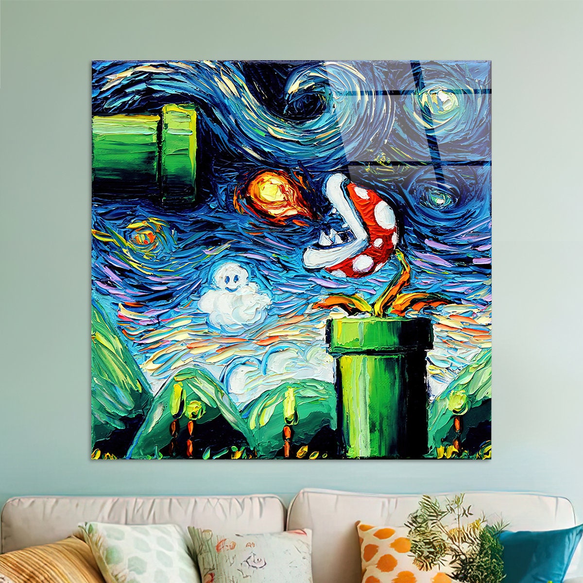 Mario Starry Night Canvas Mario Bros Glass Art Mario World - Etsy