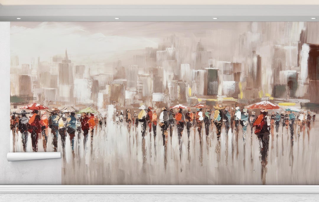 Abstract Wall Painting, People With Umbrellas Wall Mural, Modern Wall ...