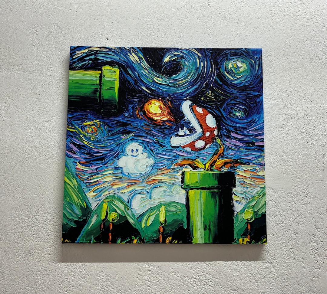 Mario Starry Night Canvas, Mario Bros Glass Art, Mario World Home Decor ...
