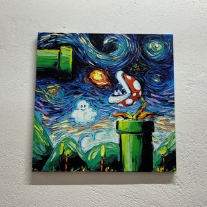 Mario Starry Night Canvas, Mario Bros Glass Art, Mario World Home Decor ...
