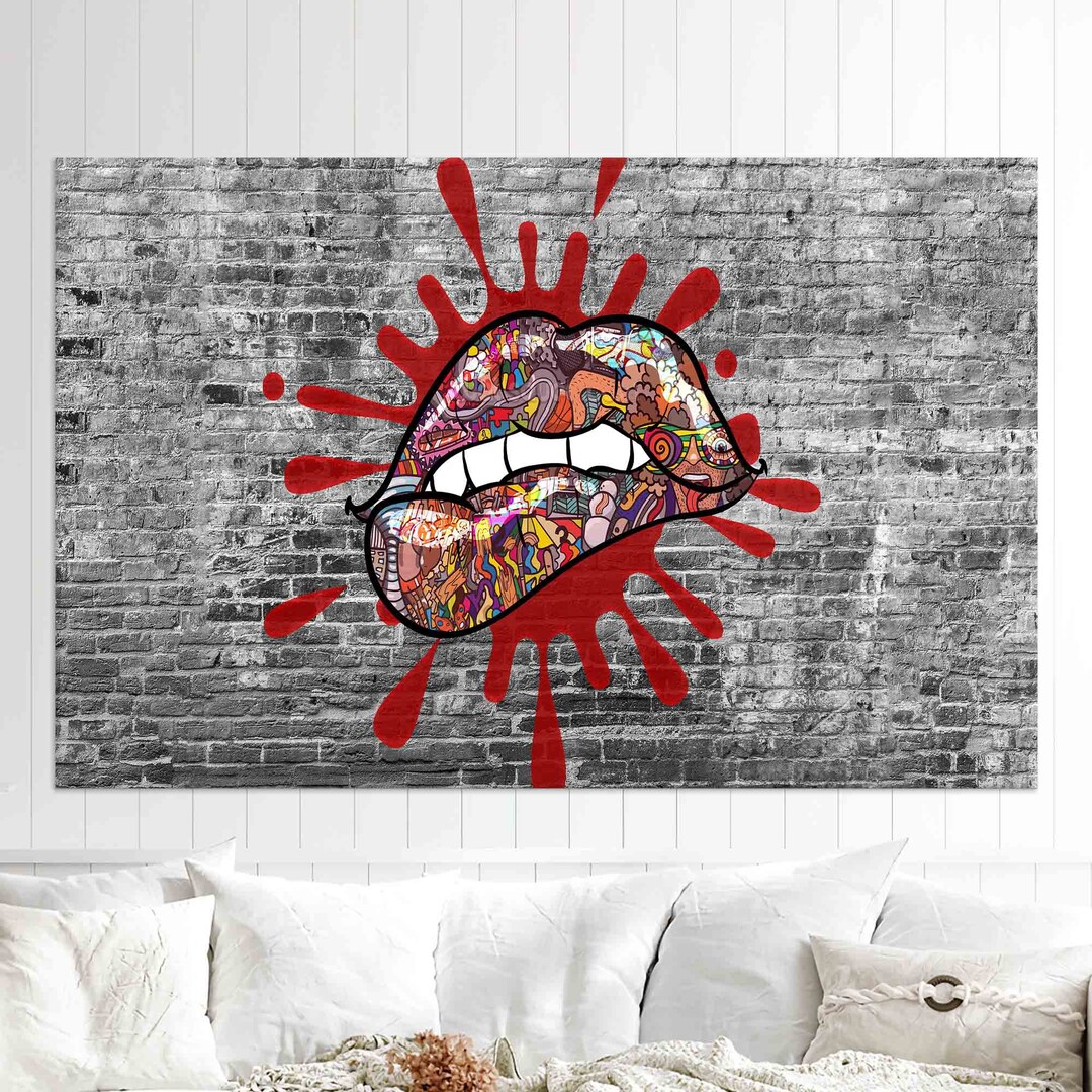 Graffiti Glass Wall, Glass Panel, Colorful Lip Wall Decor, Biting Lips ...