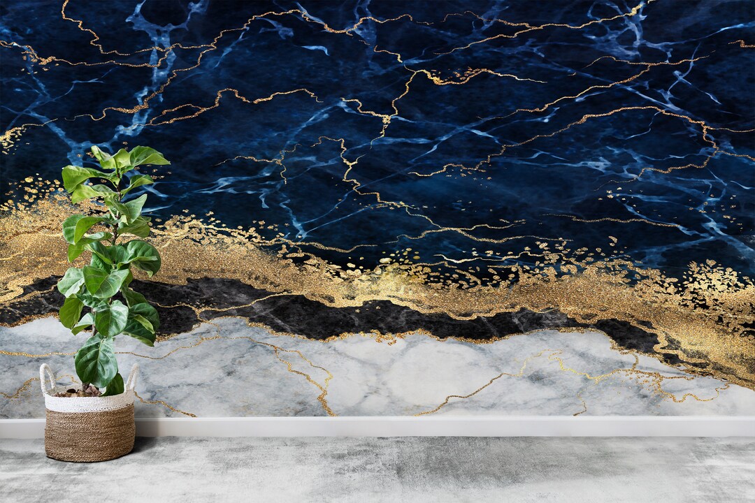 Art Deco Navy Blue Marble Wallpaper: 3D Wall Decor - Etsy