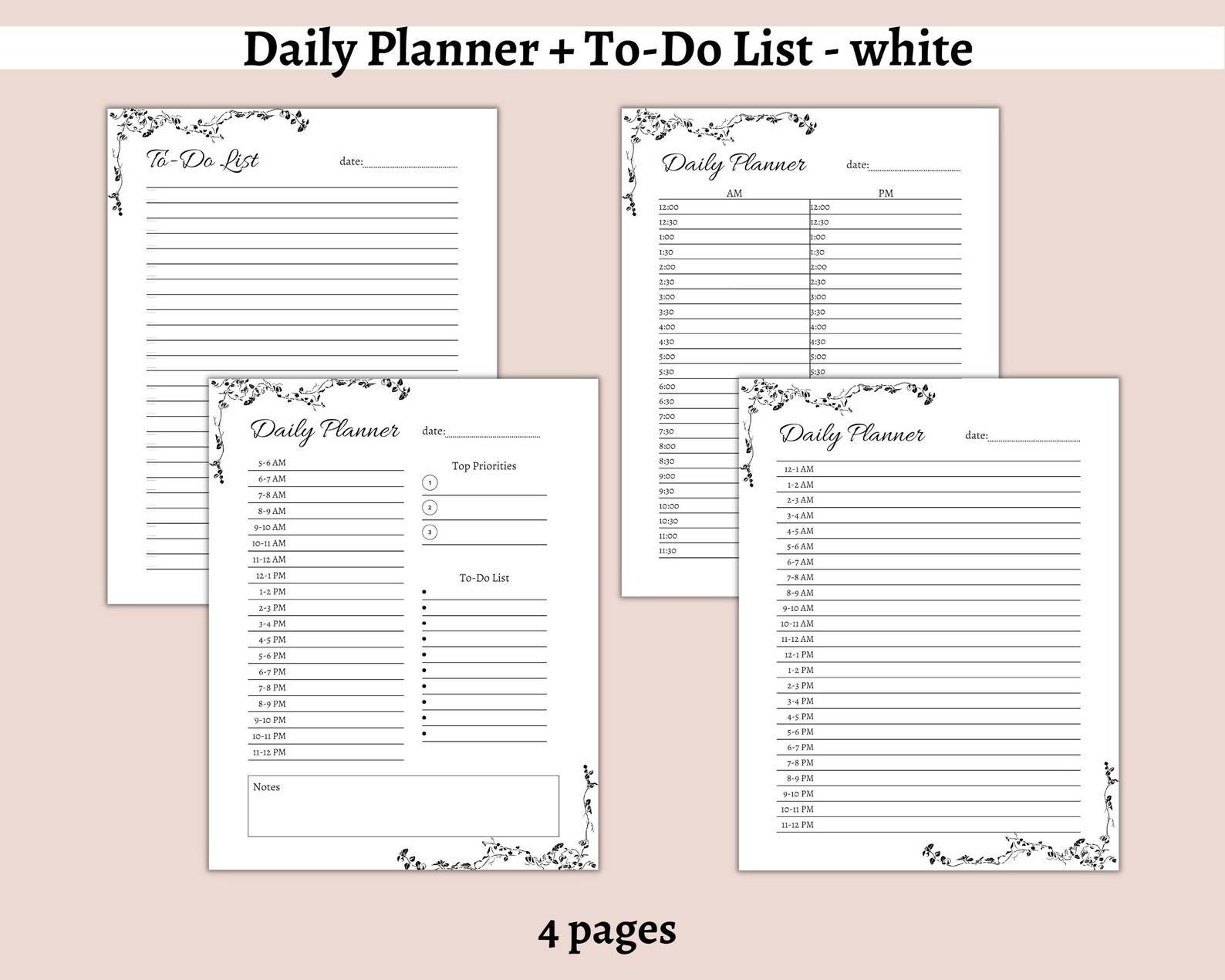 24 Hour Daily Planner Printable Daily to Do List Personal Daily Planner Productivity Planner ...