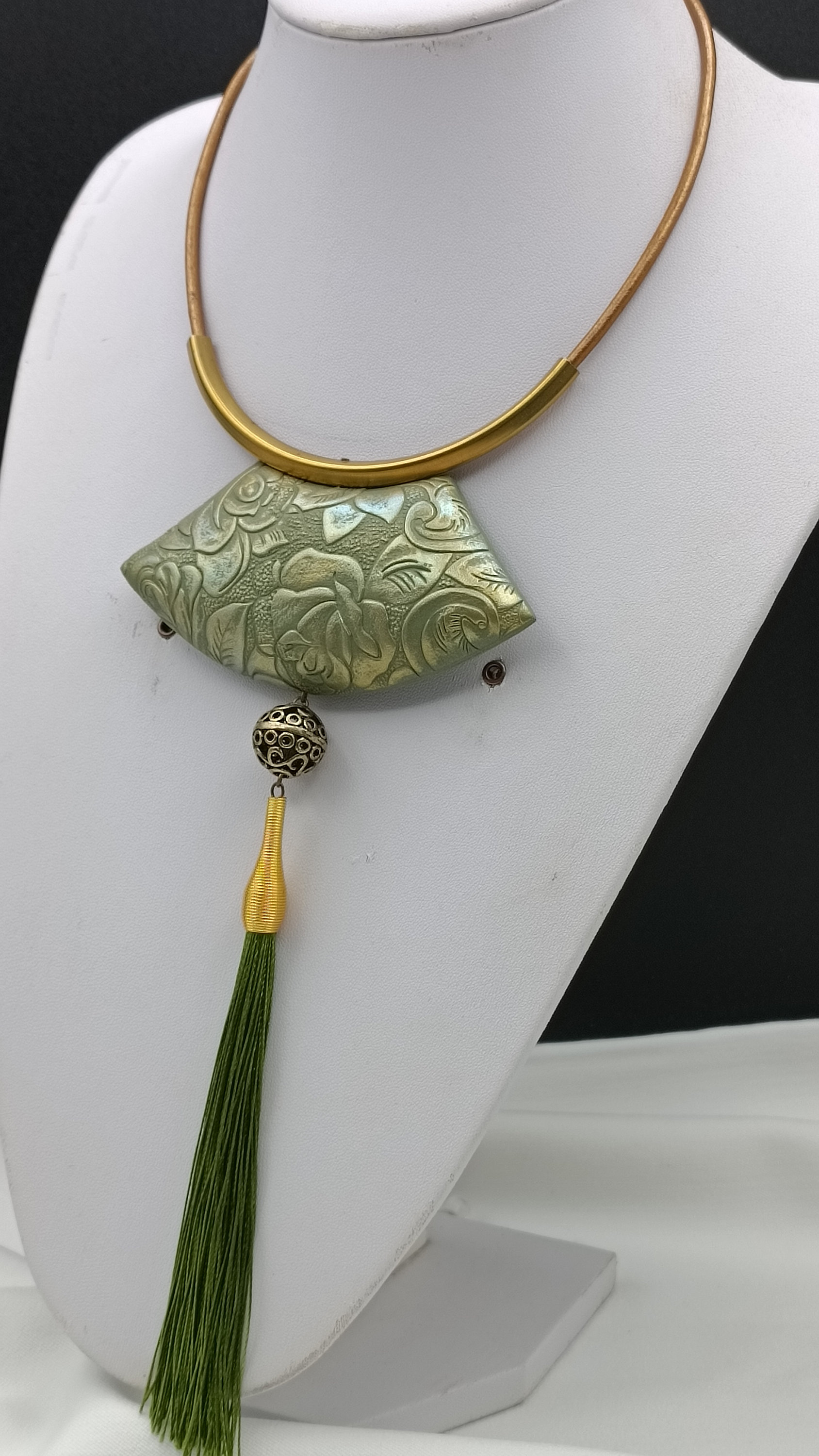 Bronze Metal Torque Leather Cord Necklace and Green Textured Polymer ...