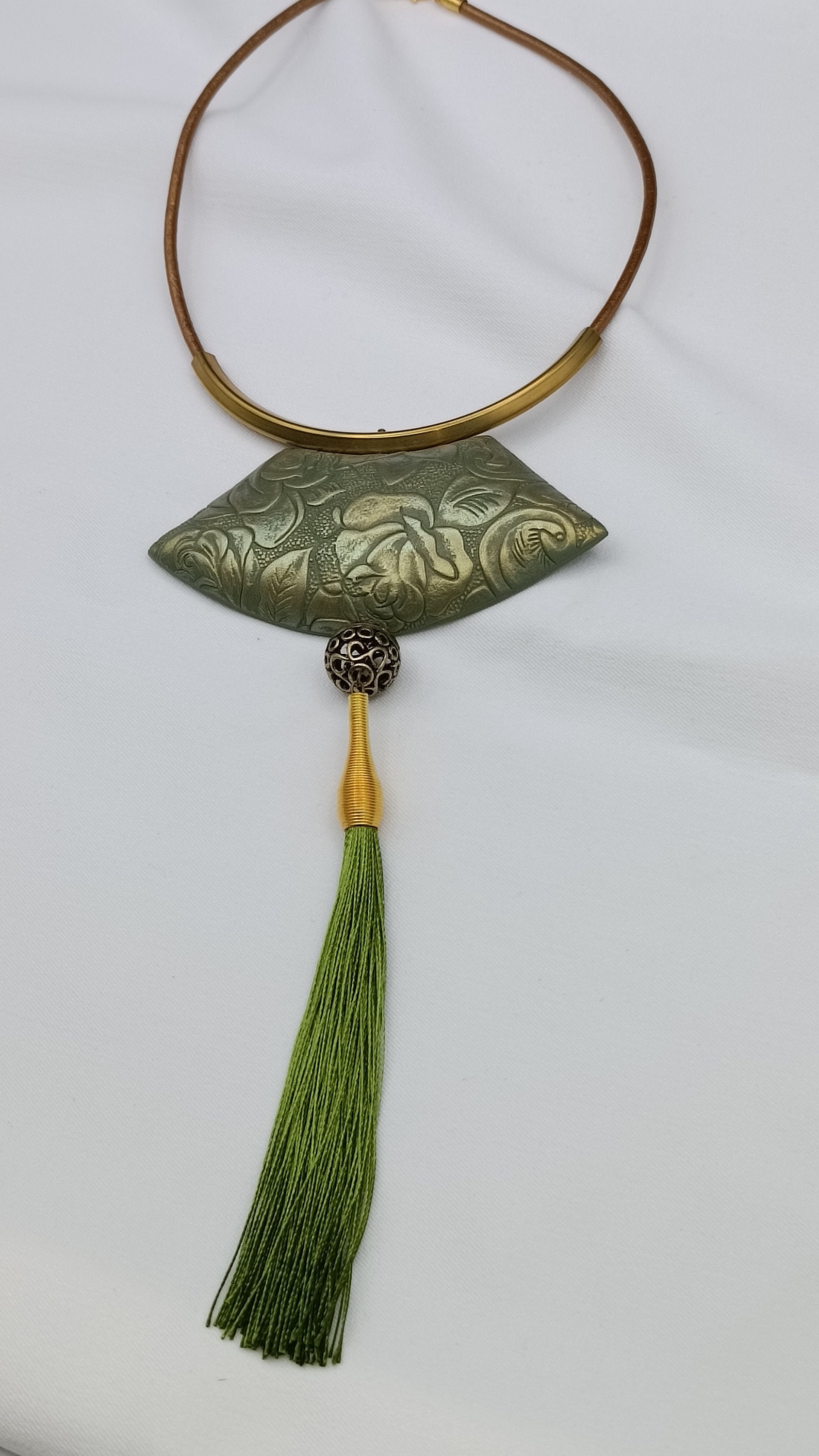 Bronze Metal Torque Leather Cord Necklace and Green Textured Polymer ...
