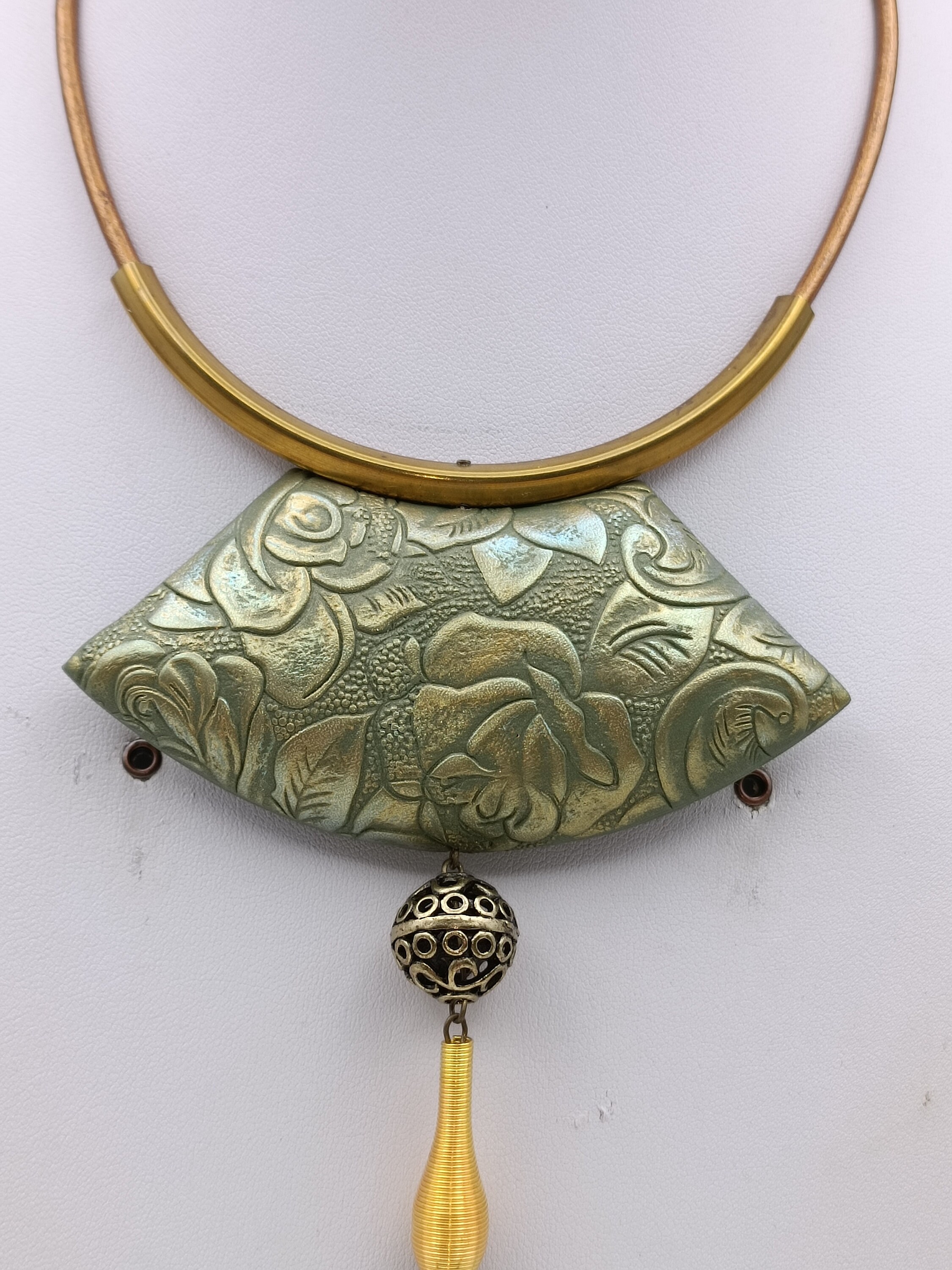 Bronze Metal Torque Leather Cord Necklace and Green Textured Polymer ...