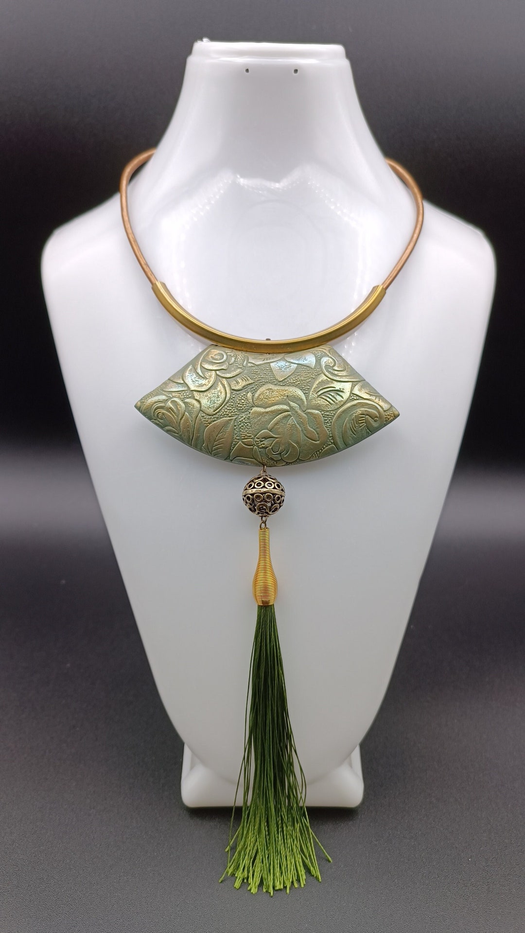 Bronze Metal Torque Leather Cord Necklace and Green Textured Polymer ...