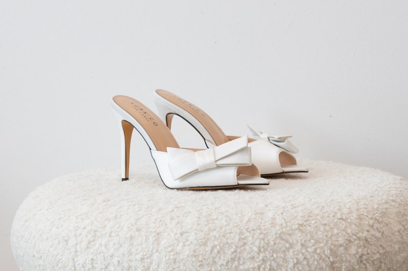 Audrey White Satin Bow Mule Heel Bride to Be Wedding Bridal Shower Hens ...