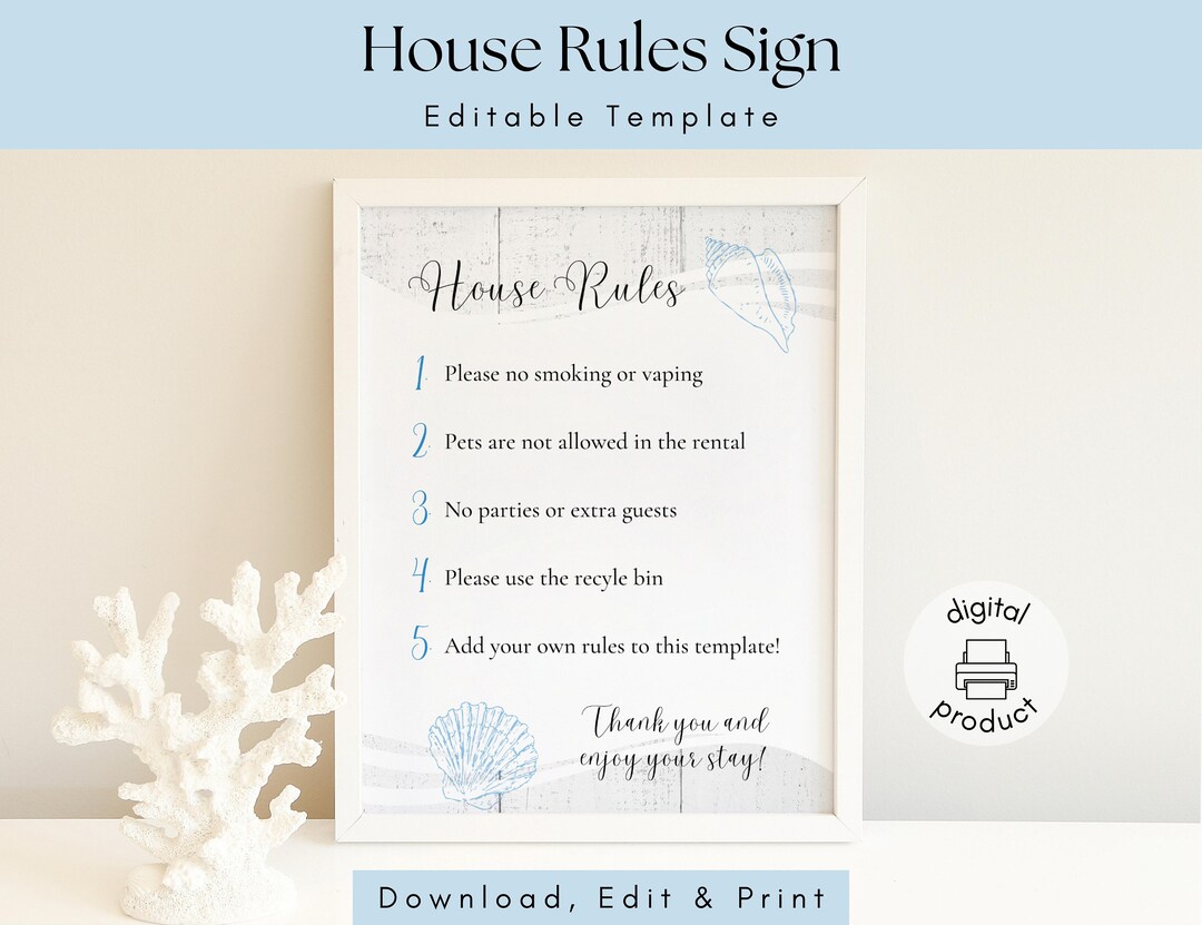 Beach House Rules Sign Template for Rental Property or Family Home Edit ...